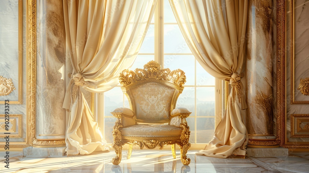 Vintage-style antique chair and a magnificent gold throne in a regal ...