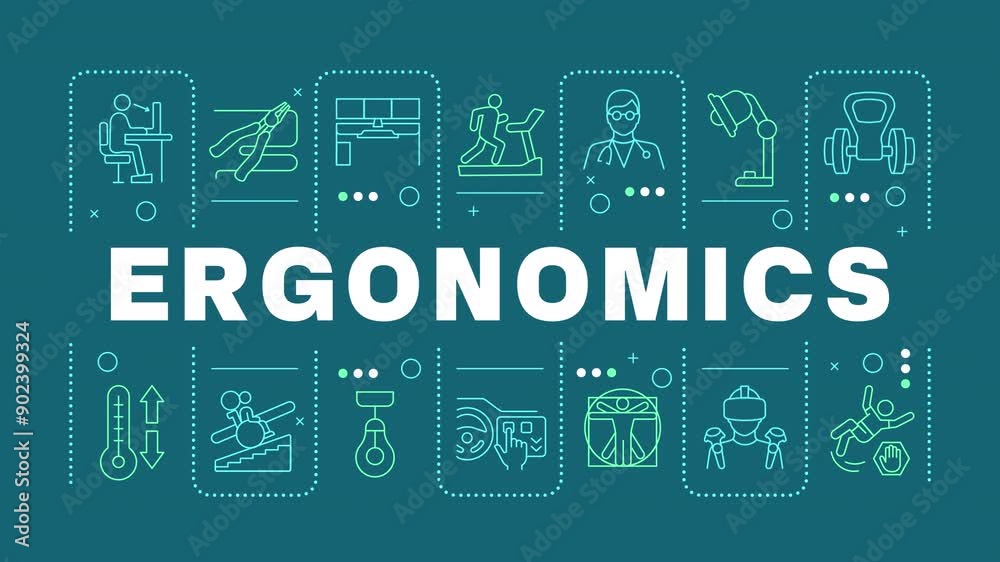Ergonomics word banner animation. Ergonomic workplace. Fitness ...