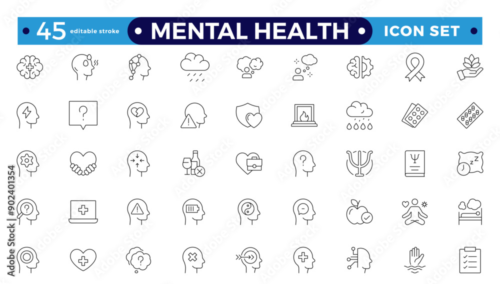 Mental health icon set. Containing depression, bipolar, PTSD, panic ...