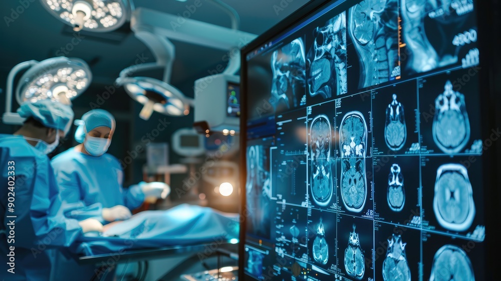 Plastic surgery of body using AI technology, examining x-ray screen for ...