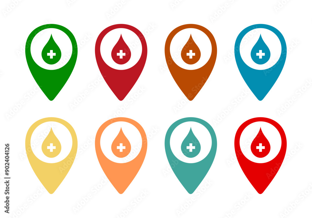 Hospital or pharmacy location icon set. Map pin with cross. Plus pin ...