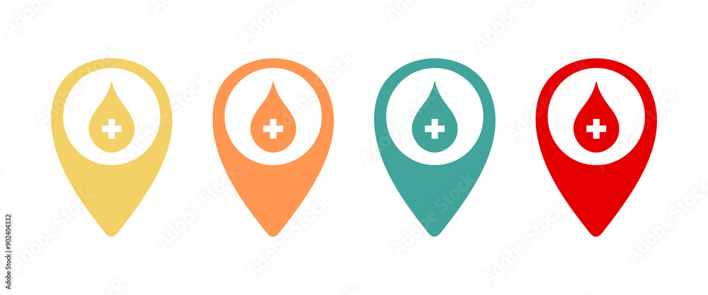 Hospital or pharmacy location icon set. Map pin with cross. Plus pin ...