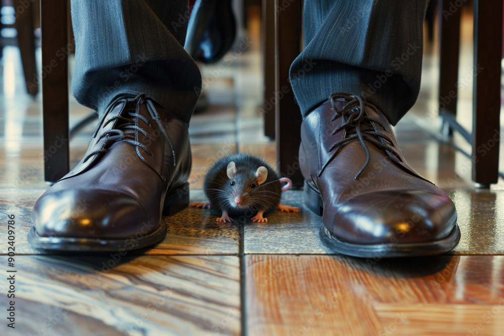 Sanitation inspection concept. Mouse in a pizzeria restaurant cafe ...