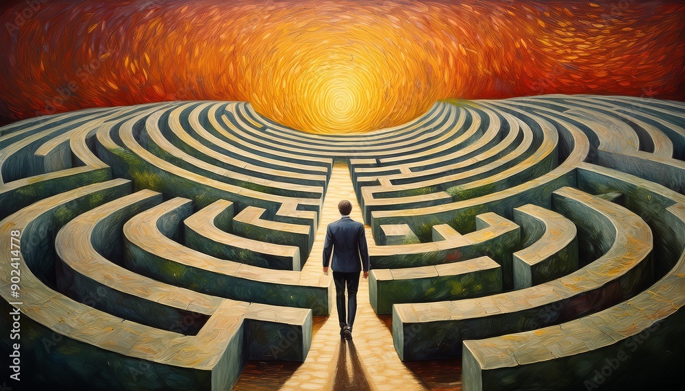 Navigating challenges: An oil painting of a maze with a determined ...