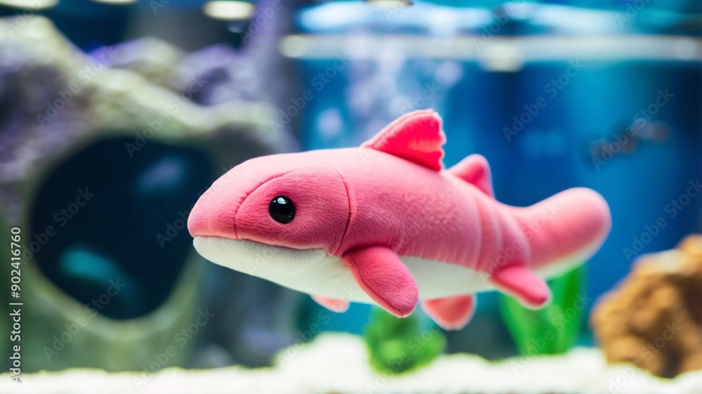 Pink cute fish doll plush toy swimming and placed in an aquarium ...
