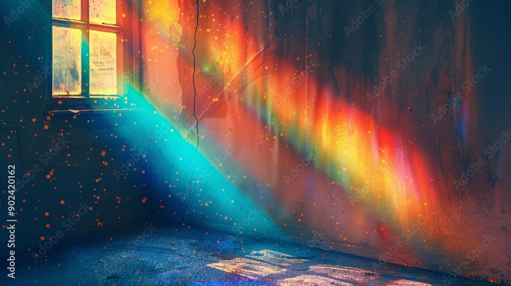 Rainbow arching across a dark wall, illuminated by sunlight through a ...
