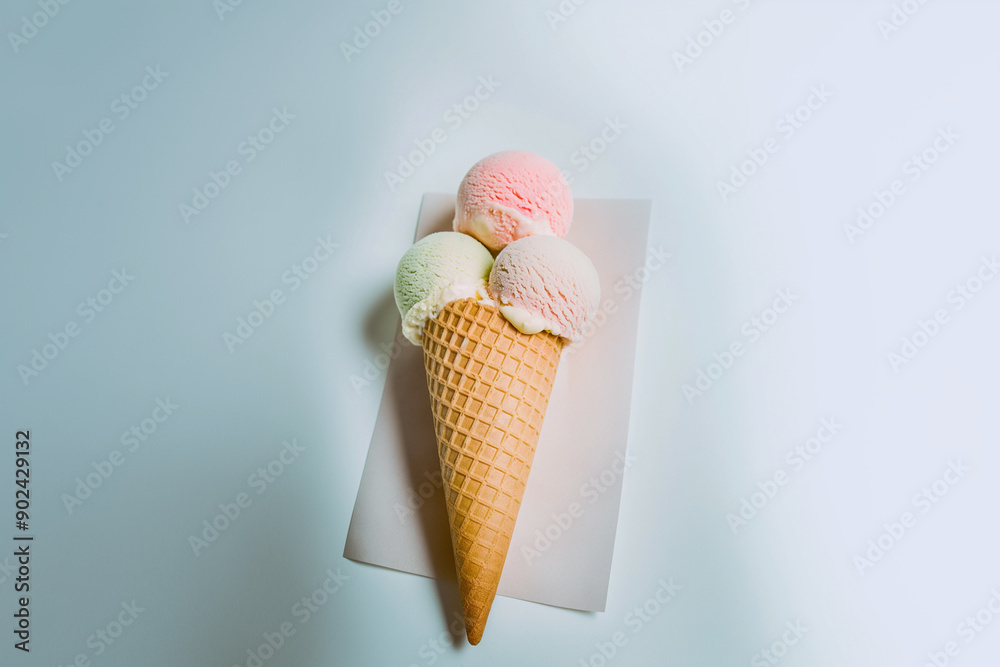 A hyperdetailed close-up of an ice cream cone overflowing with three ...