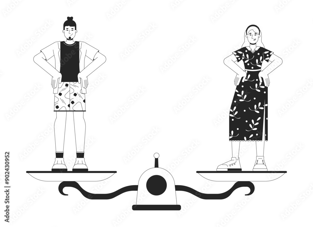 Vetor de Gender equality balance black and white 2D illustration ...