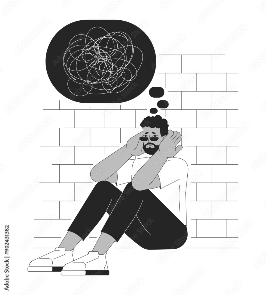 Mental health crisis black and white 2D illustration concept. Black man ...