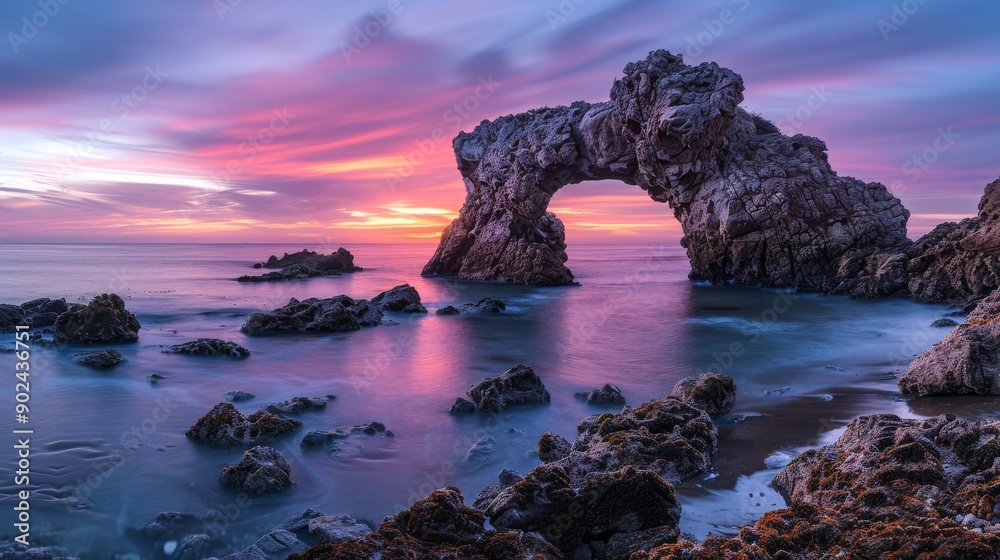 The iconic rock formation at the arch in the shallow waters of Los ...