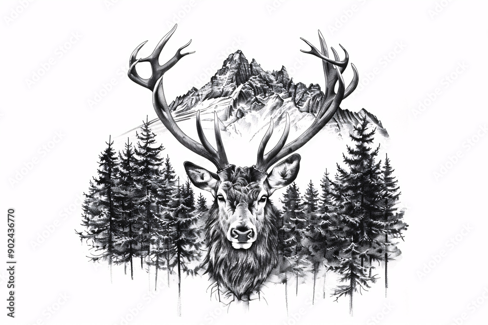 Detailed pencil drawing of a deer head with antlers emerging from a ...