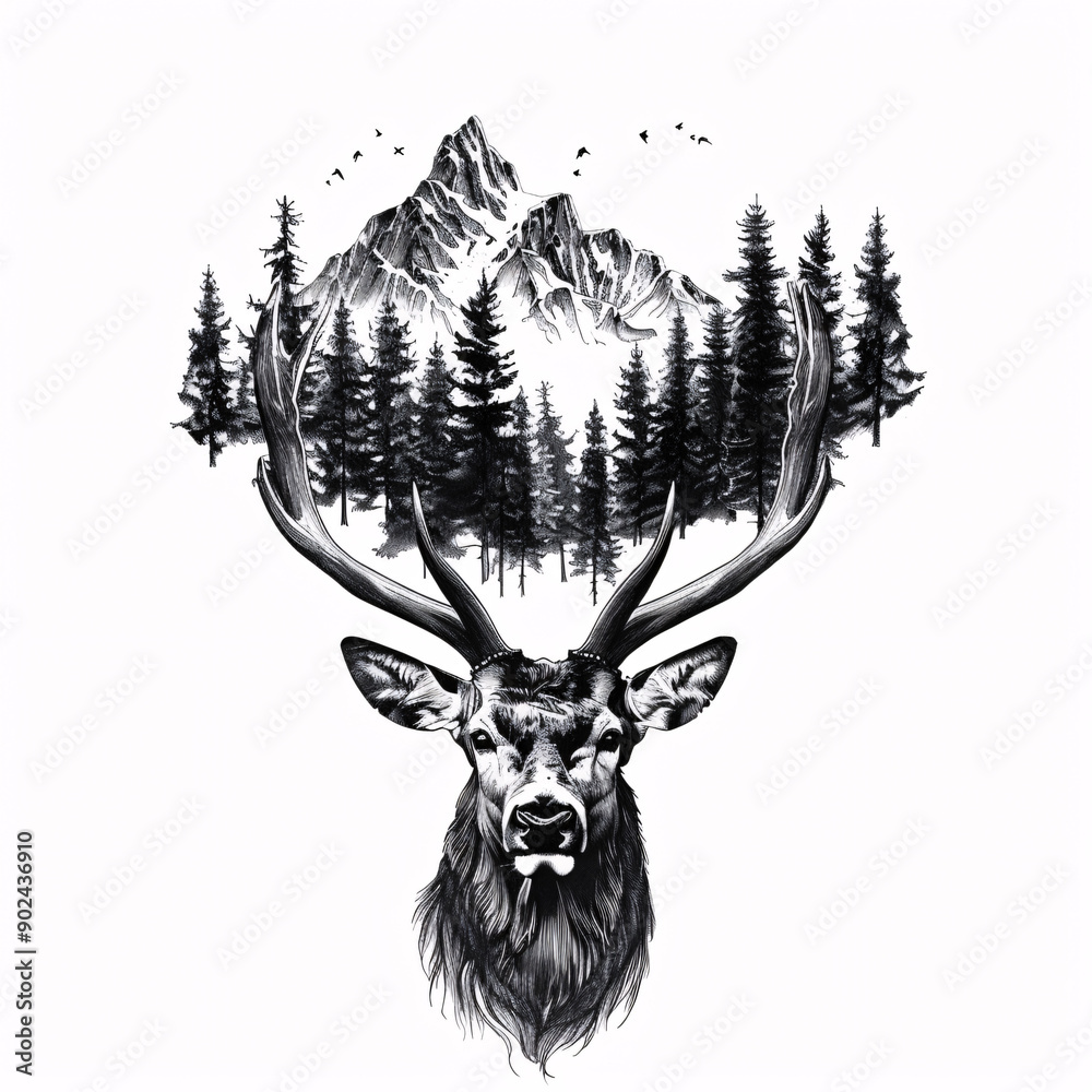 Detailed pencil drawing of a deer head with antlers emerging from a ...