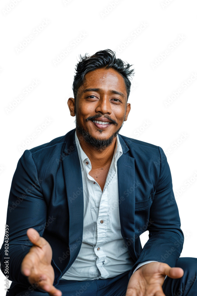 Smiling man in a dark blue suit and white shirt, engaged in conversation with an open and ...