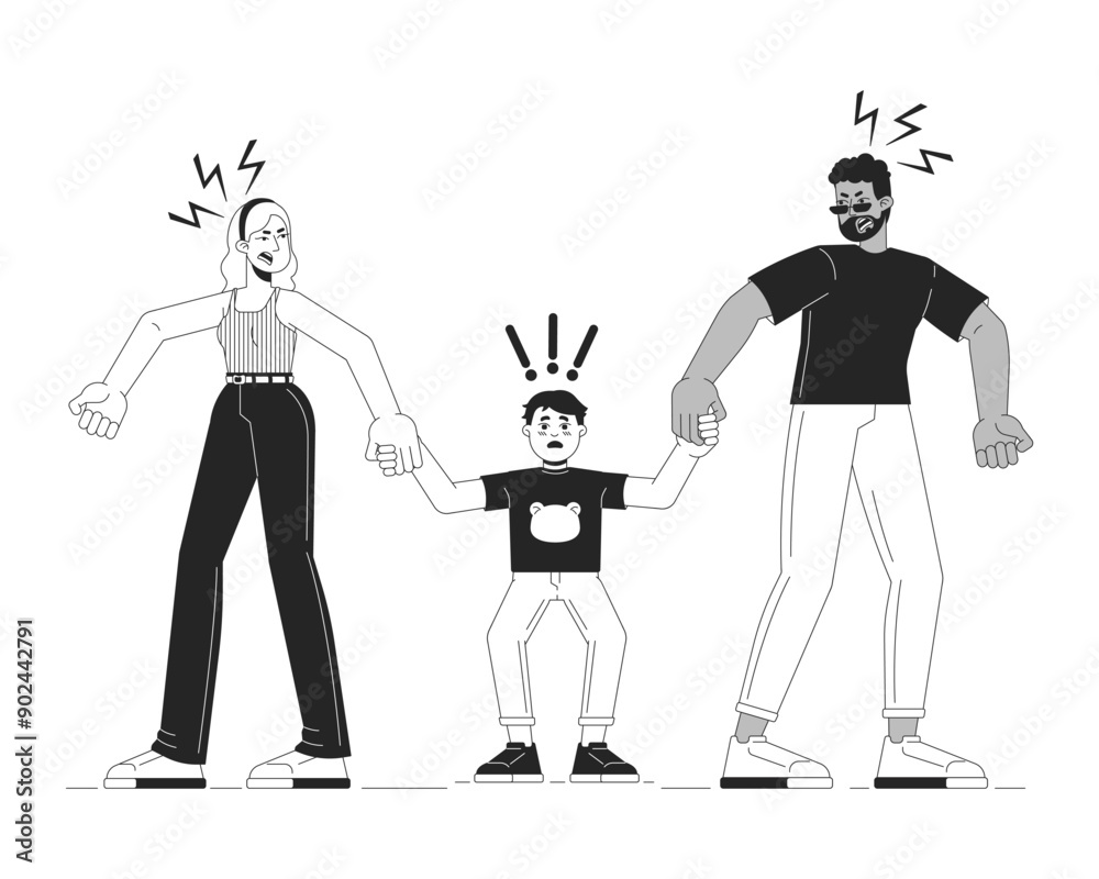 Dysfunctional family dynamic black and white flat line illustration ...