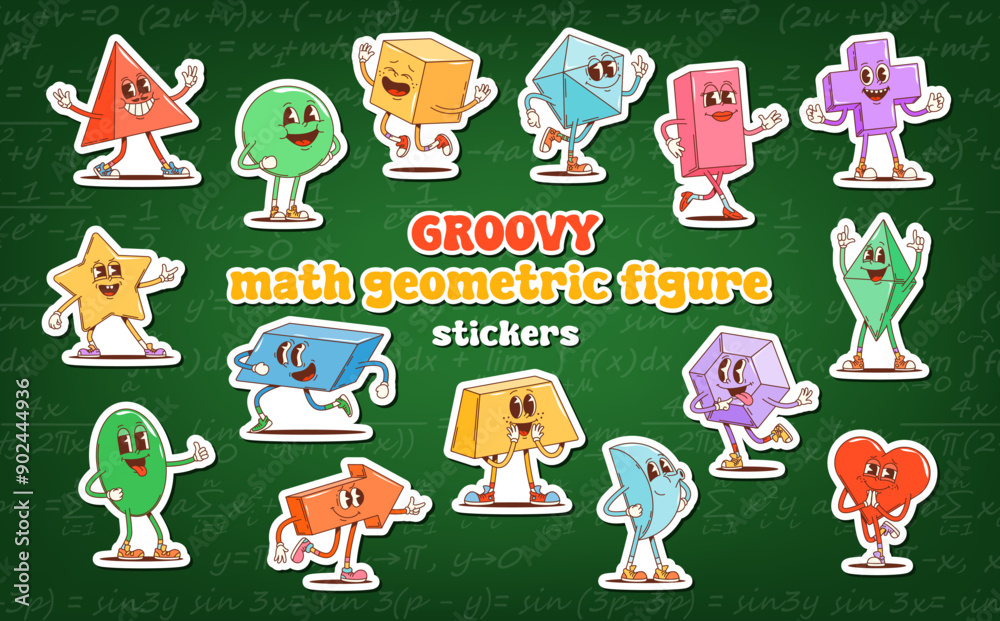 Groovy math figure characters stickers pack. Vector collection of ...