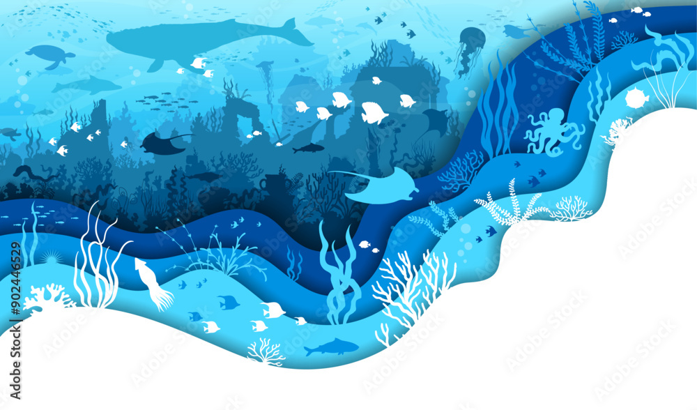 Paper cut underwater landscape with corals and reefs, seaweeds and sea ...