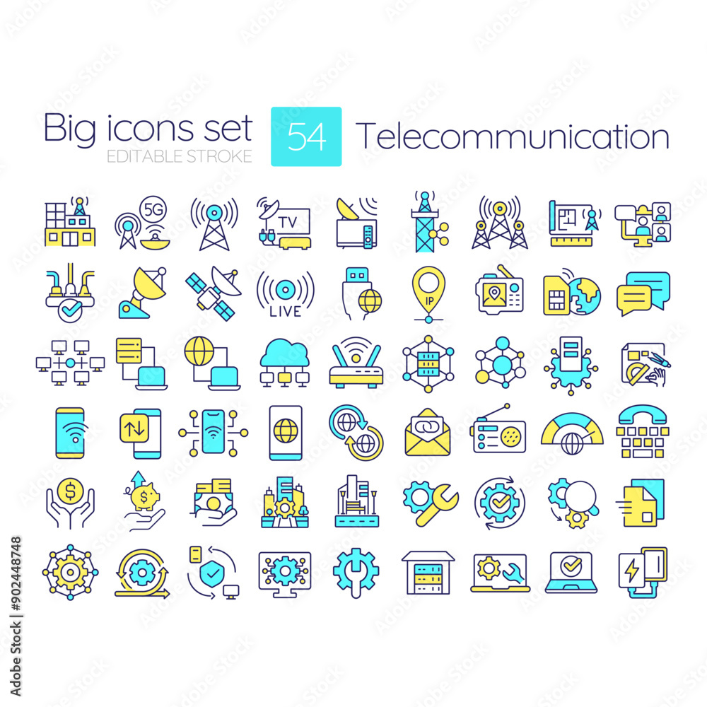 Telecommunication RGB color icons set. Wired and wireless networks ...