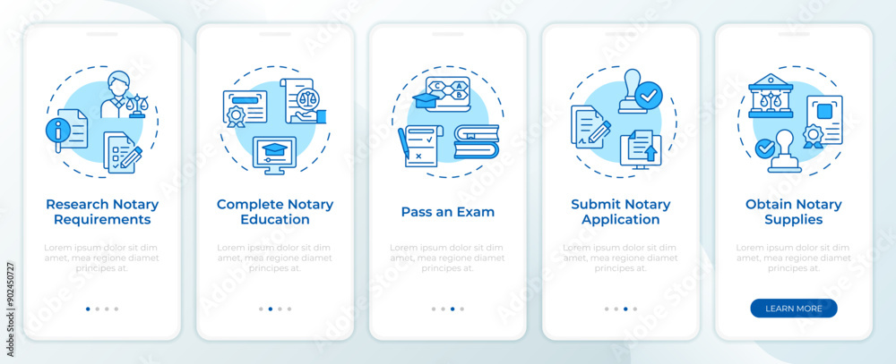 Notary graduation blue onboarding mobile app screen. Walkthrough 5 ...