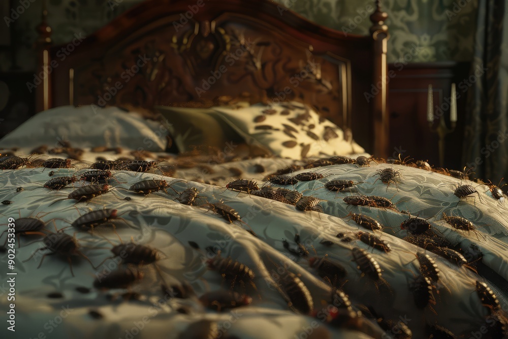 Bed Bugs Invasion, Room Infested with Bedbugs, Luxury Big Bed with Red ...