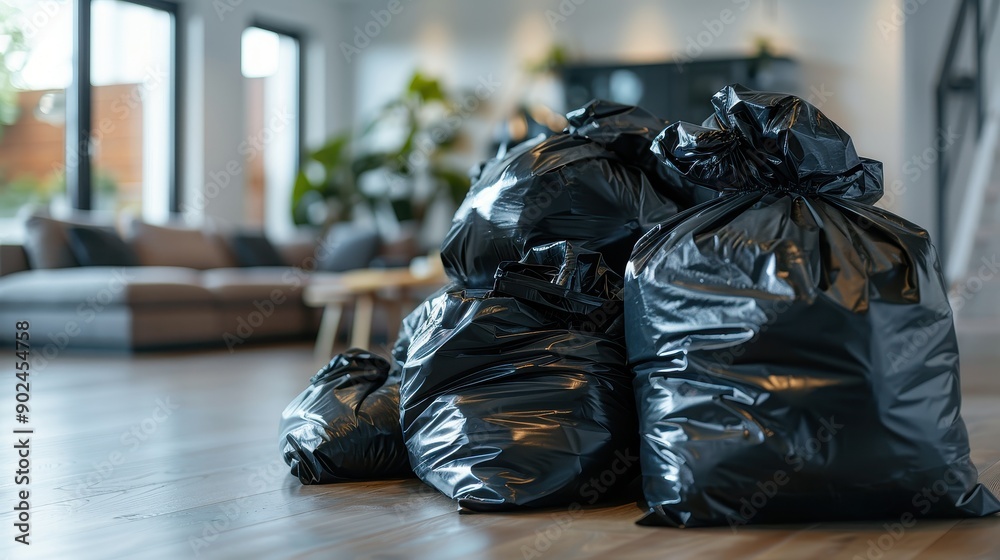 Many garbage bags and full waste bin at clean modern house, waste ...