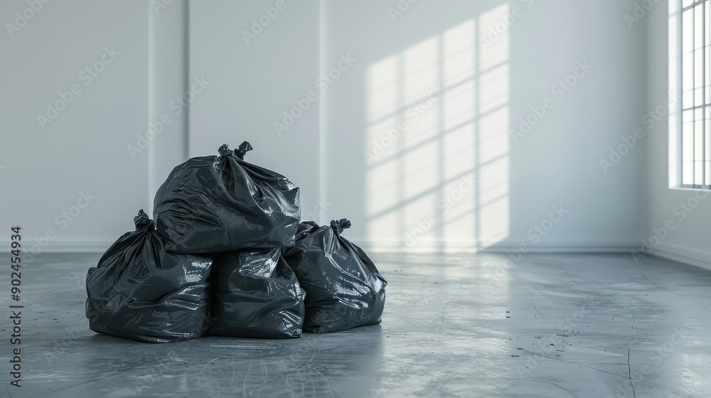 Many garbage bags and full waste bin at clean modern house, waste ...