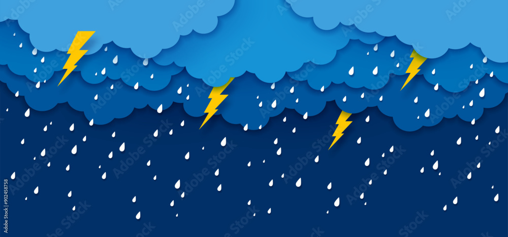 Paper cut rain sky, clouds with water drops and lightning bolts. Vector ...