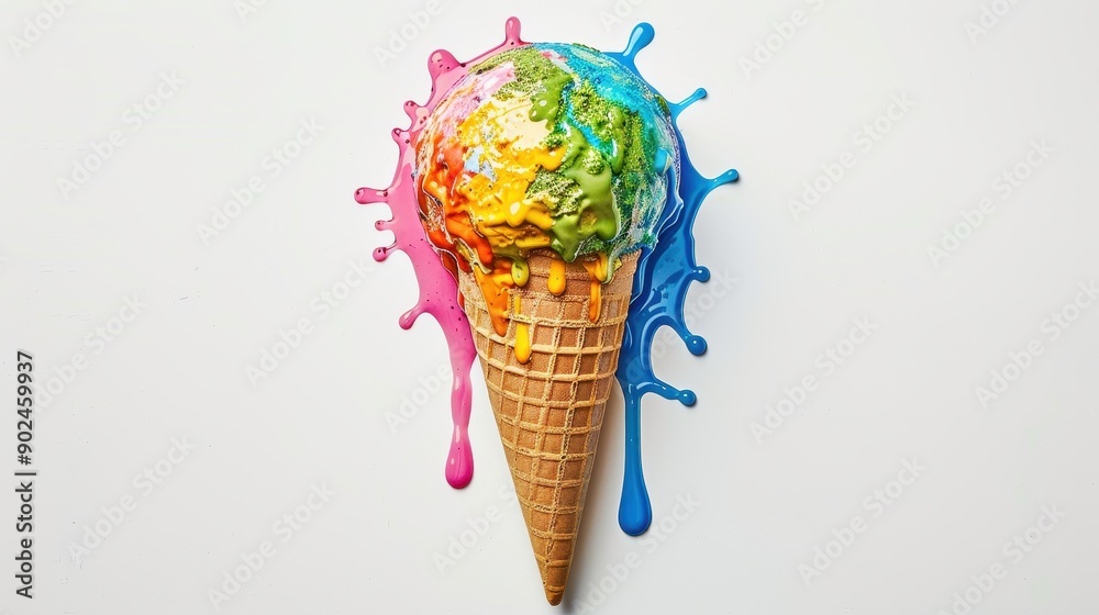 Colorful Melting earth icecream cone with the World map pattern on ...
