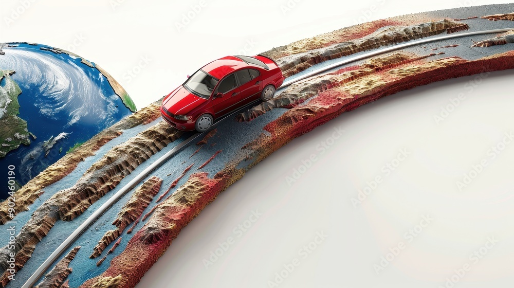 Red car on road around earth globe on white background,drive around the ...