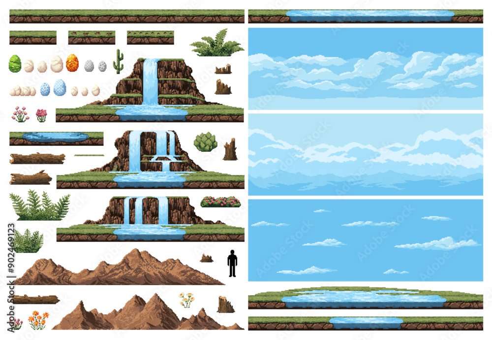 Dinosaur era environment pixel game asset. Waterfall cascade and ...