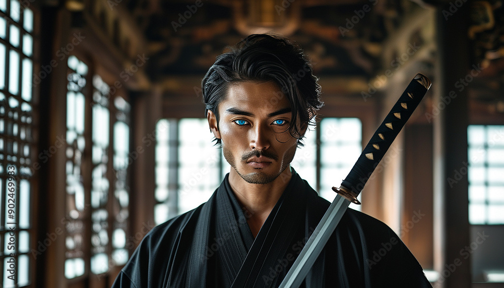 Portrait of a Japanese man with a serious face with green eyes, using a ...