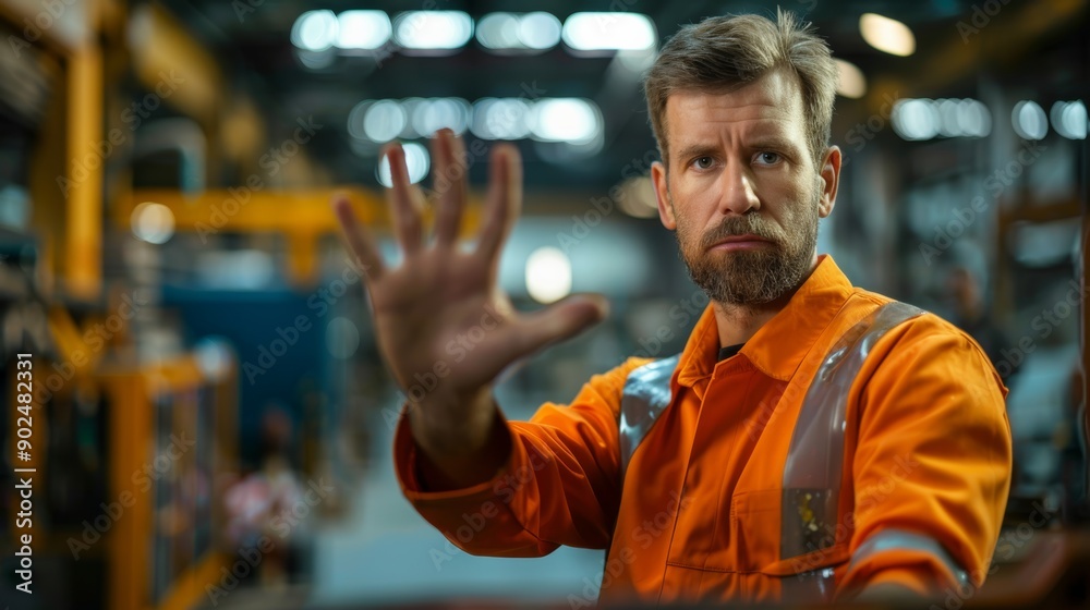 Manual worker gesturing stop sign symbols hand in technical room at ...