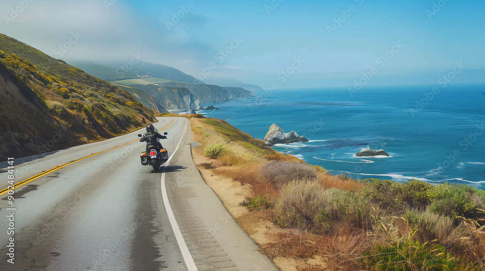 motorcycle ride on a winding road, motorcycle rider on coastal highway ...