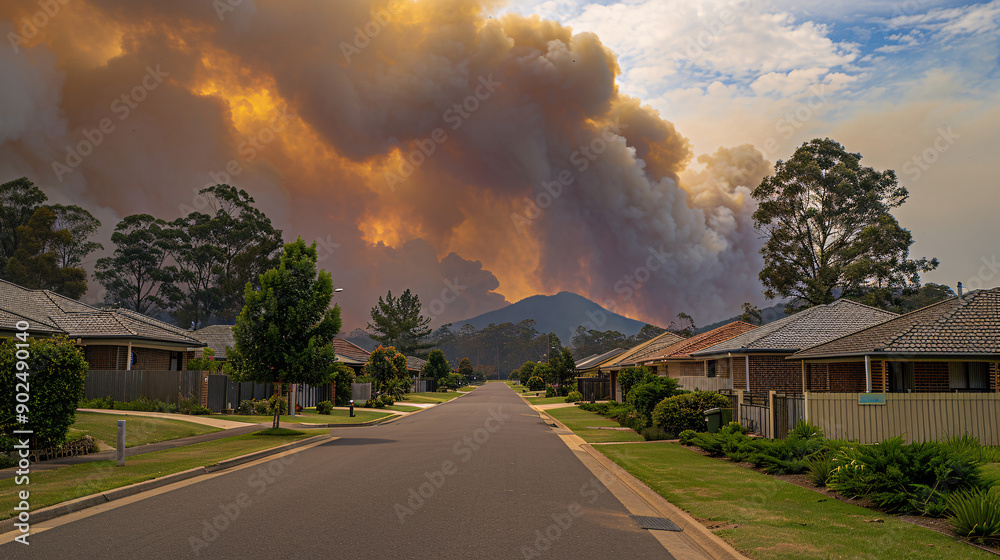 Bushfire smoke billowing into sky behind houses along main street of ...