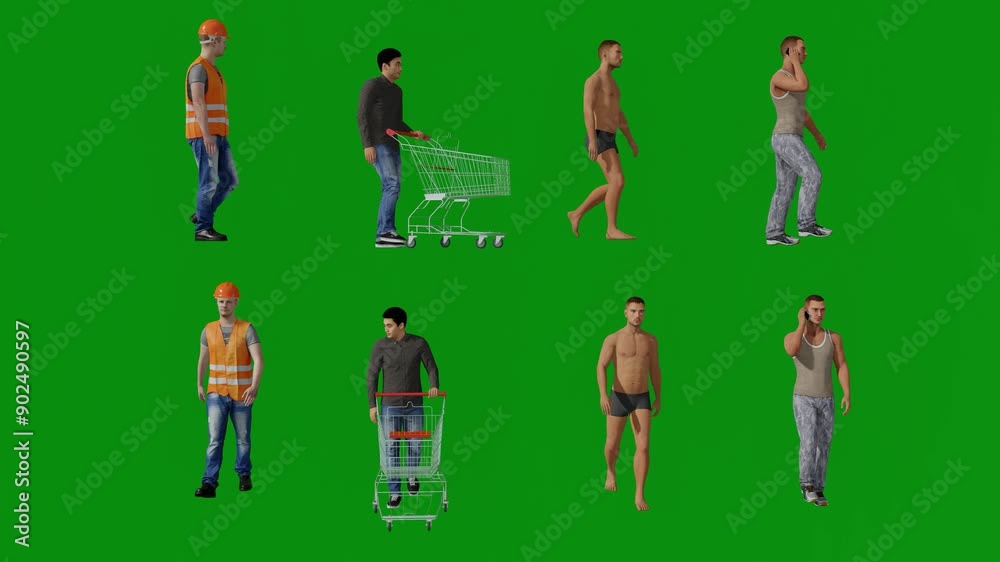 3D Man walking green screen, eight expert men are walking with shopping ...