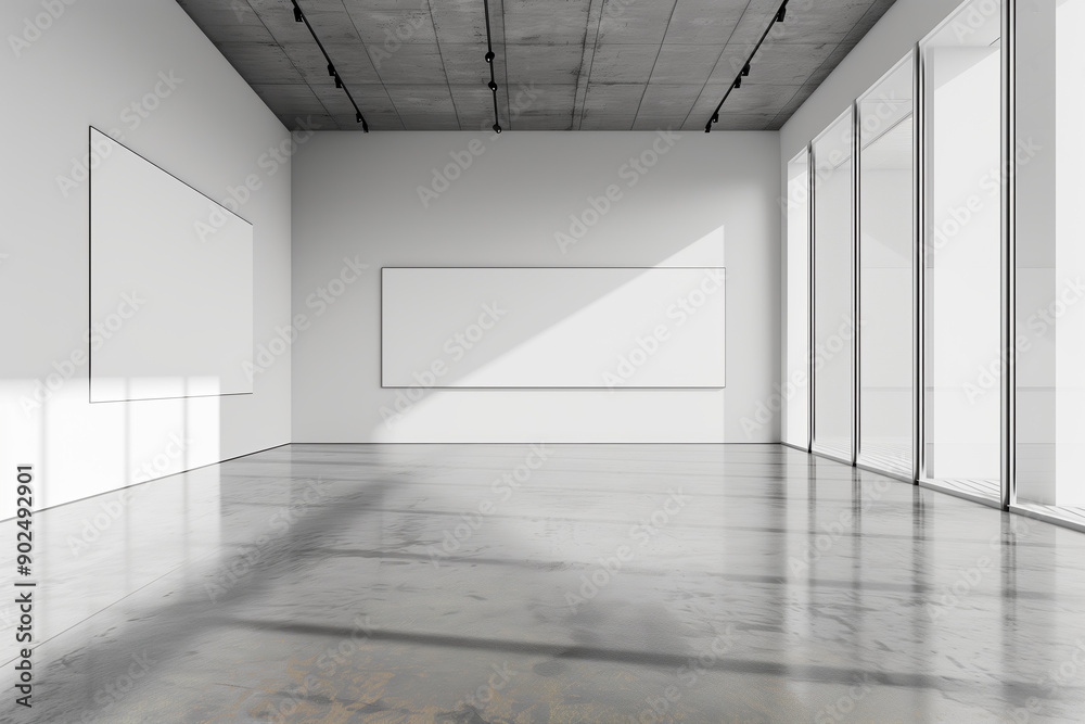 Large White Blank Gallery Wall in Photo-Realistic Detail with Minimalist Design and Concrete ...