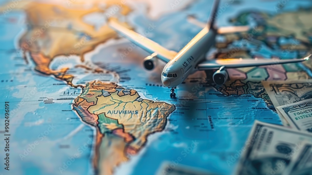 Toy airplane over world map highlighting travel destinations, adventure ...