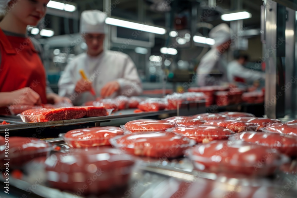 Industrial scene showing workers sealing beef patties in plastic ...