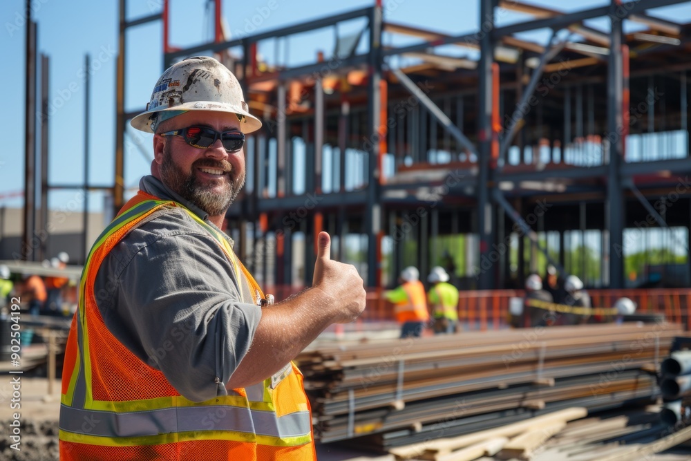 Construction foreman giving a thumbs-up, standing in front of a newly ...