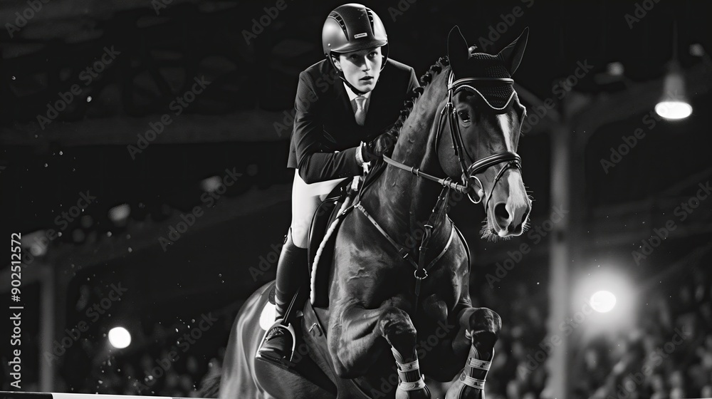 Horse riding competition. Man on horseback when horse jumps. Retro ...