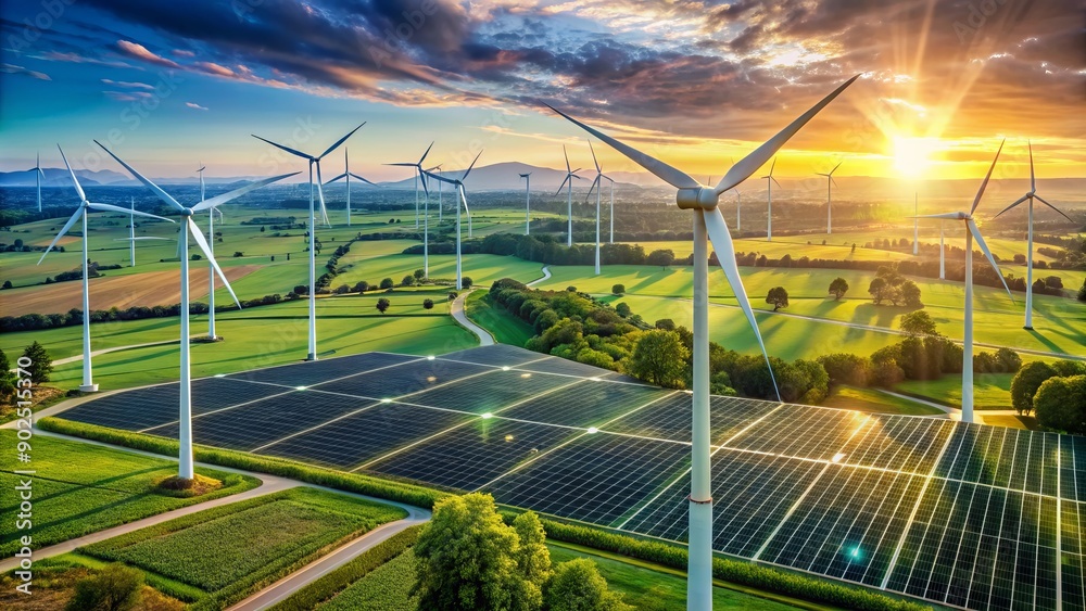 Renewable energy landscape featuring a sprawling wind farm with sleek ...