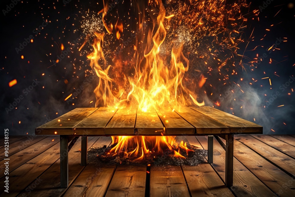 Dramatic blank wooden table with fire burning at the edge, sparks and ...