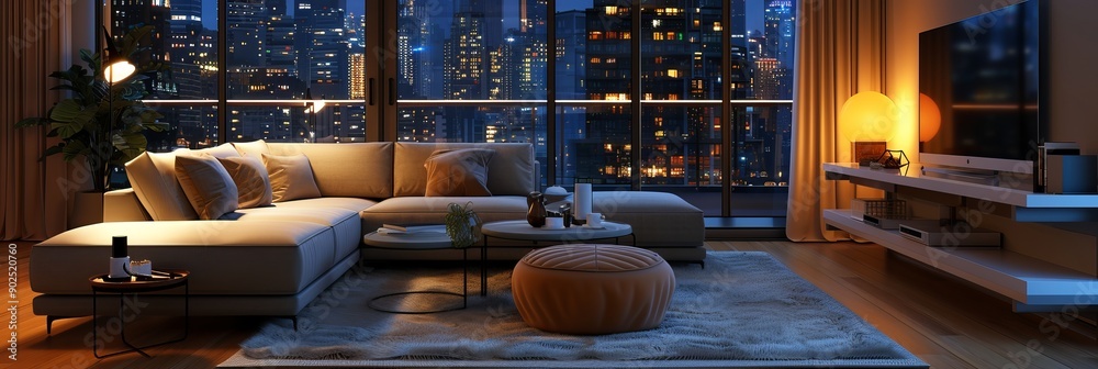 The living room of a modern, dark home at night features an RGB light ...