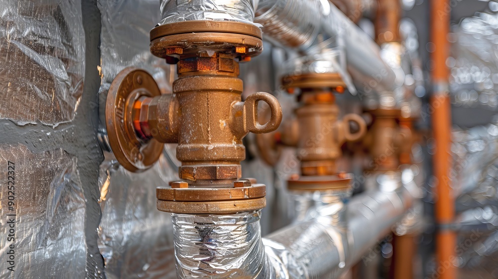 pipes covered in foil and an insulating layer. brown valve-equipped ...