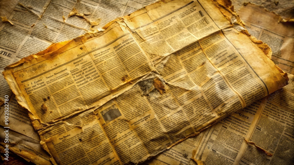 Worn, creased, and torn vintage newspaper page featuring yellowed paper ...