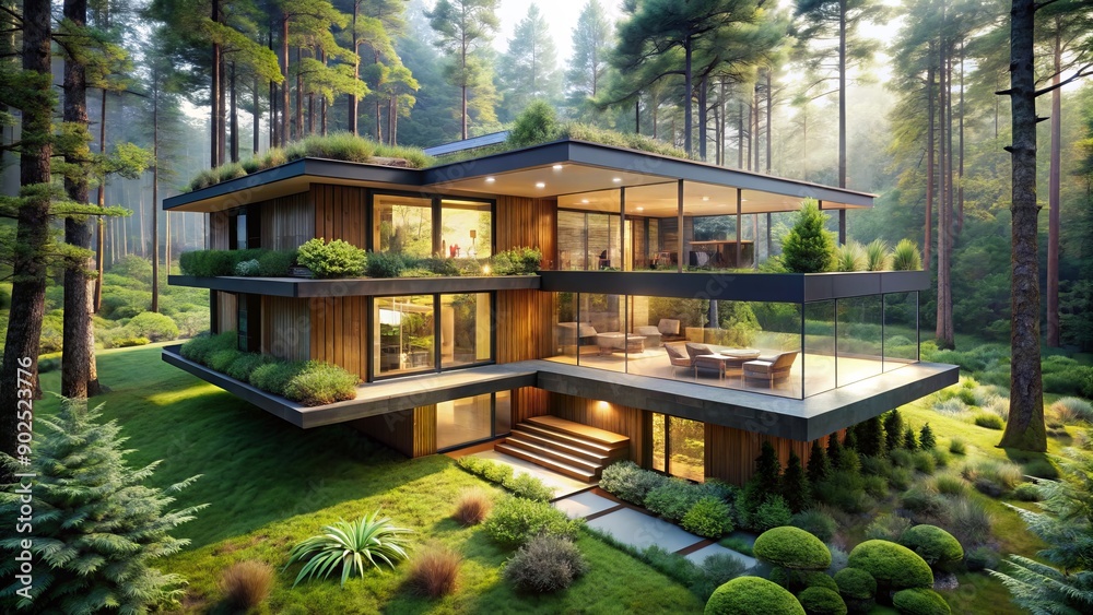 Modern Eco-Friendly Home in Lush Forest, 3D Rendering, Glass House ...