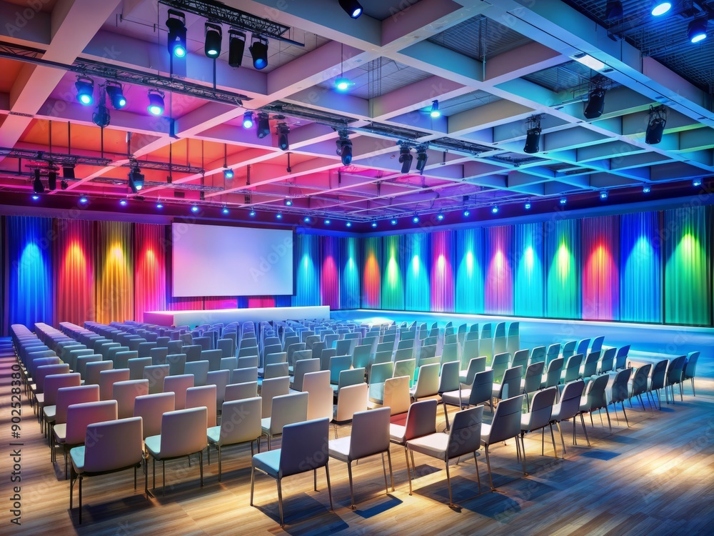 Colorful 3D illustration of a conference setup with rows of empty ...