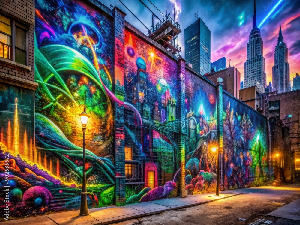 Vibrant graffiti splashes across a drab wall, morphing into a dystopian ...