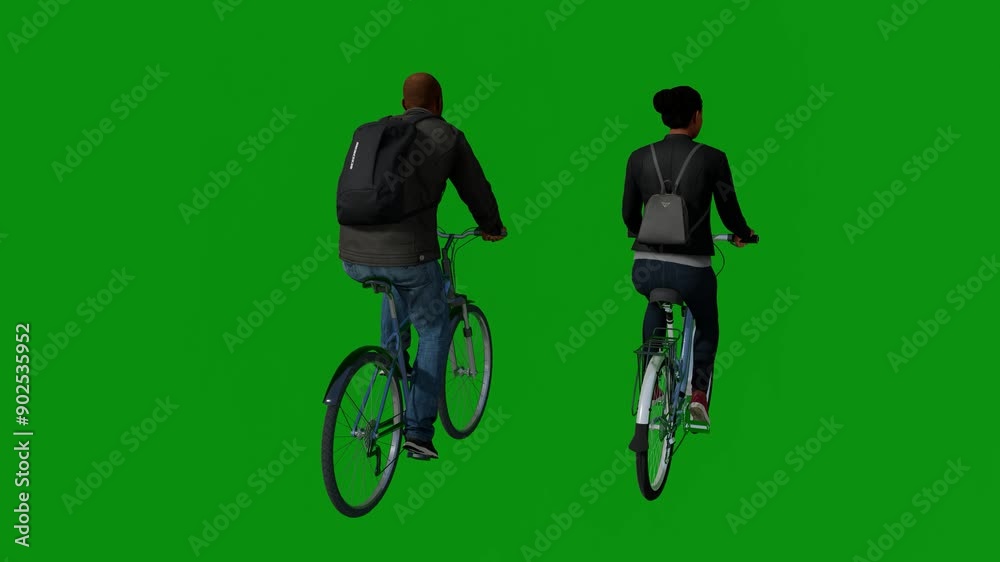 3D green screen people, two employees riding a bicycle from the angle ...