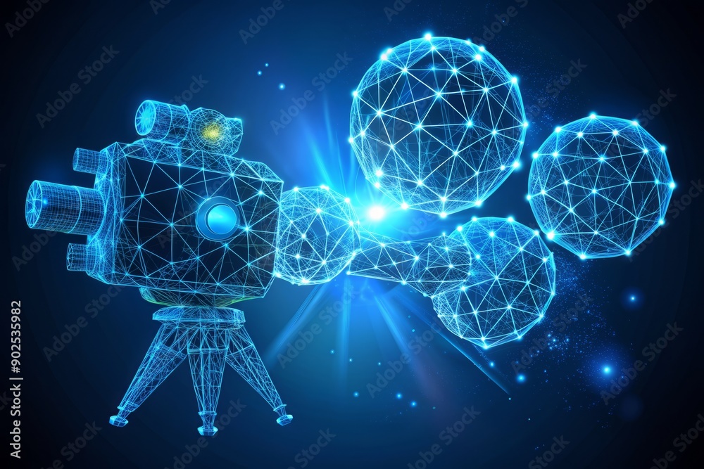 A polygonal movie camera with a video concept, depicted through vector ...