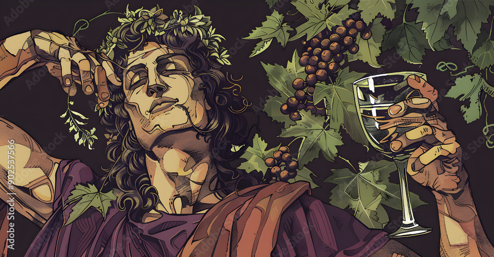 Greek god and goddess Dionysus illustration, Dionysus is the god of the grape-harvest ...